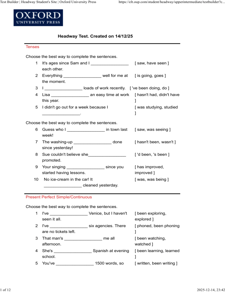 Headway Upper-Intermediate Grammar Test PDF