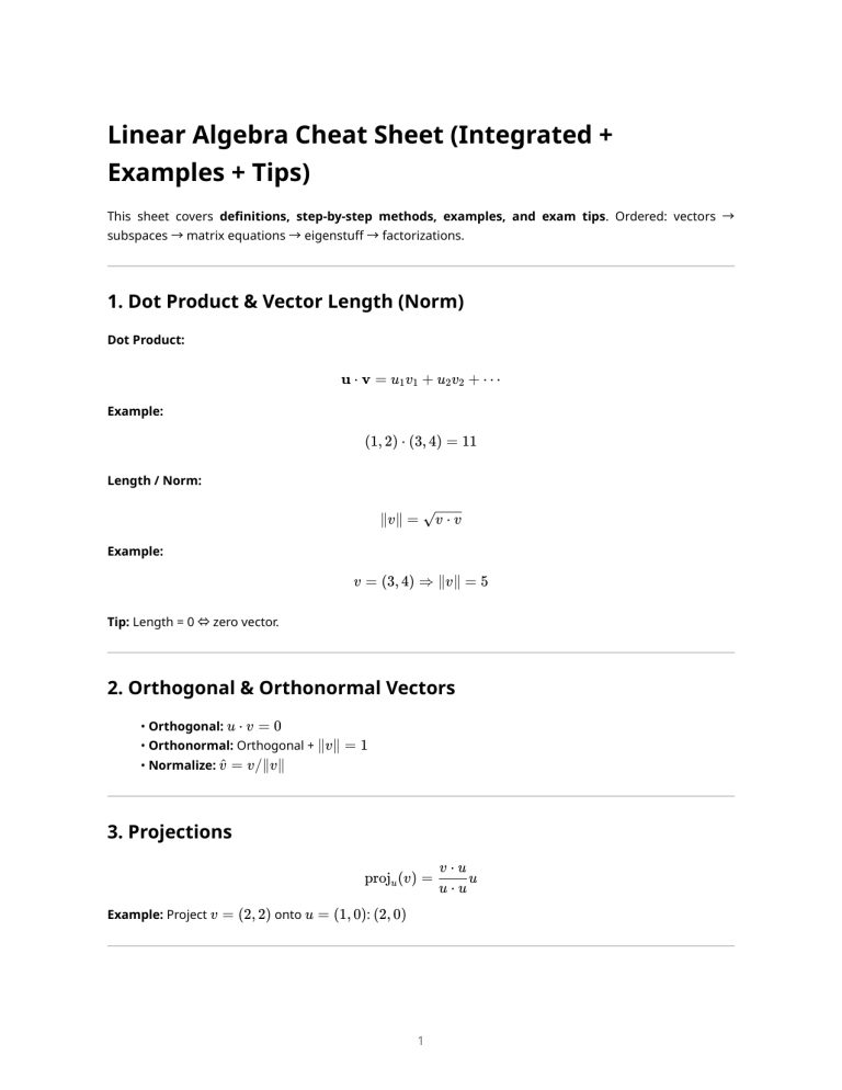 Linear Algebra Cheat Sheet: Vectors, Matrices, Eigenvalues