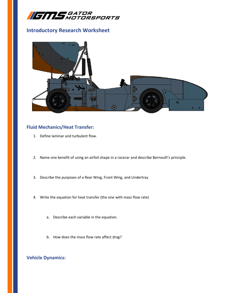 Introductory Research Worksheet: Racecar Vehicle Dynamics Engineering