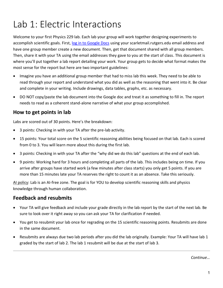 Physics Lab Manual: Electric Interactions Experiments