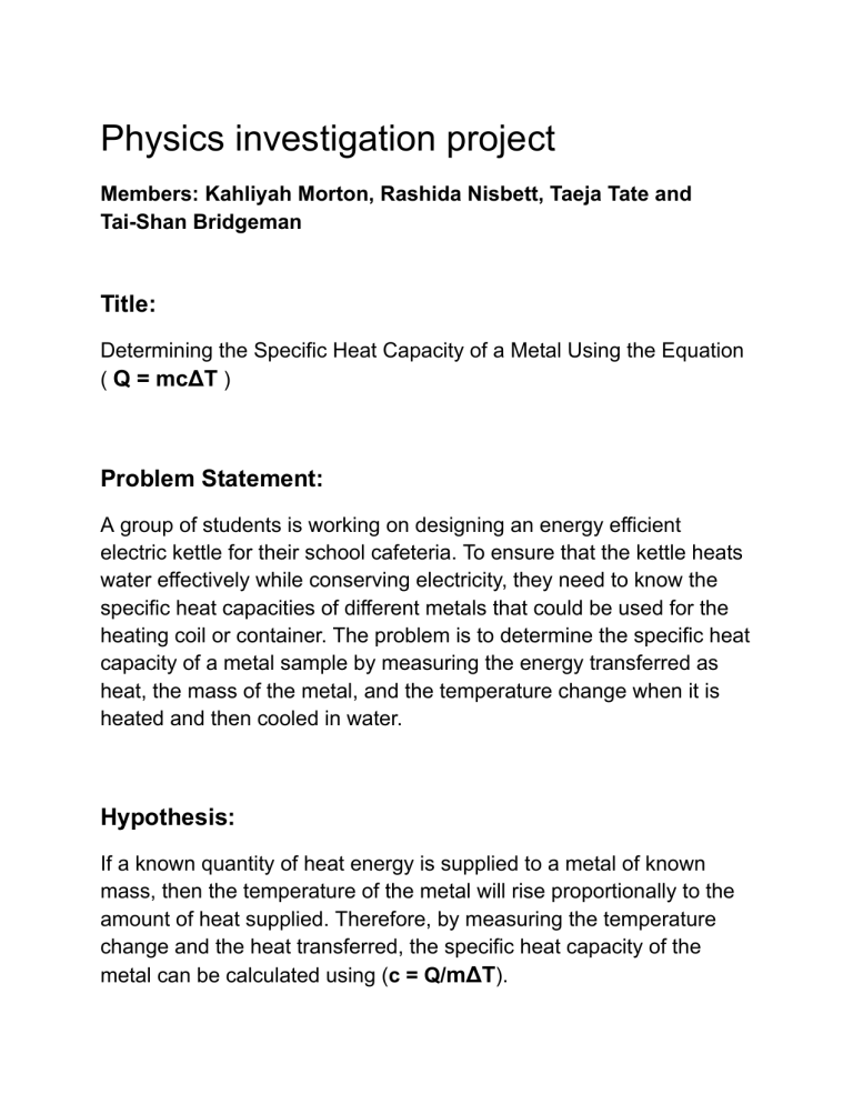 Physics Lab: Specific Heat Capacity of Metal Investigation