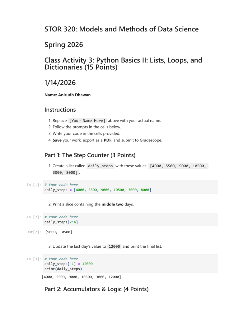 Python Basics II: Lists, Loops, Dictionaries Activity