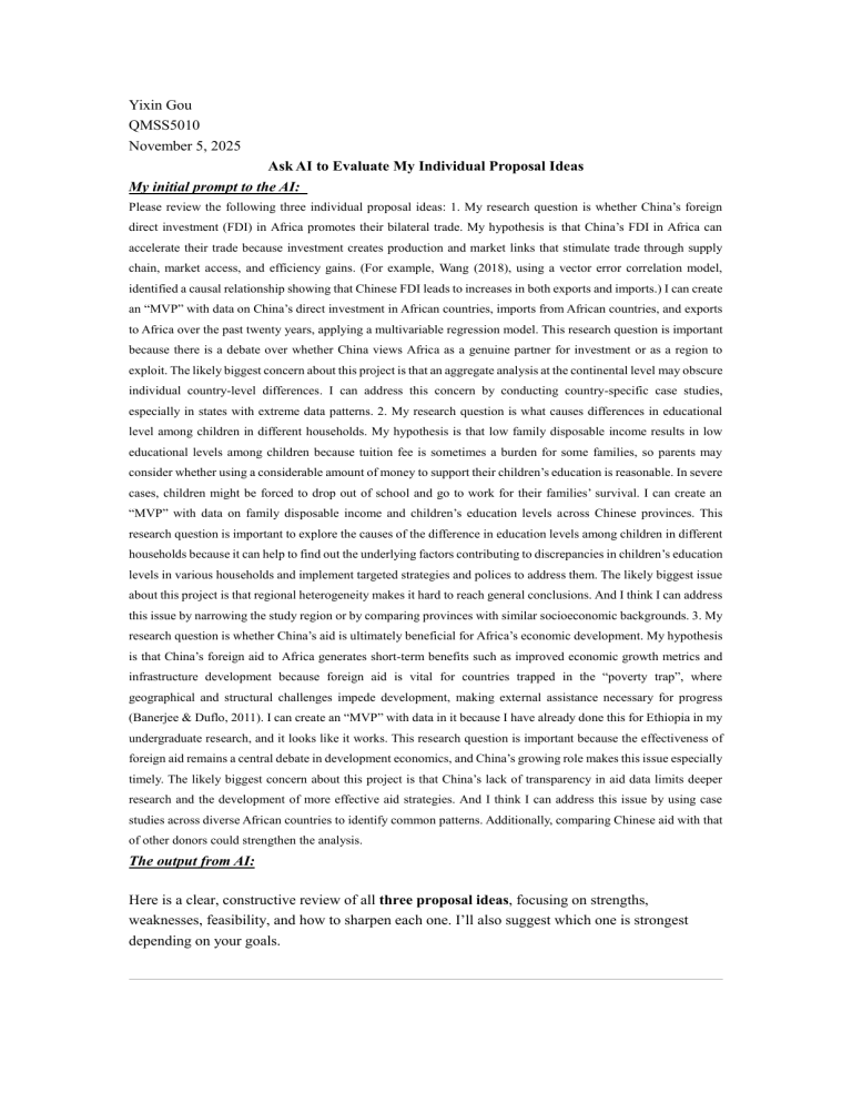 AI Evaluation of Research Proposal Ideas: FDI, Education, Aid