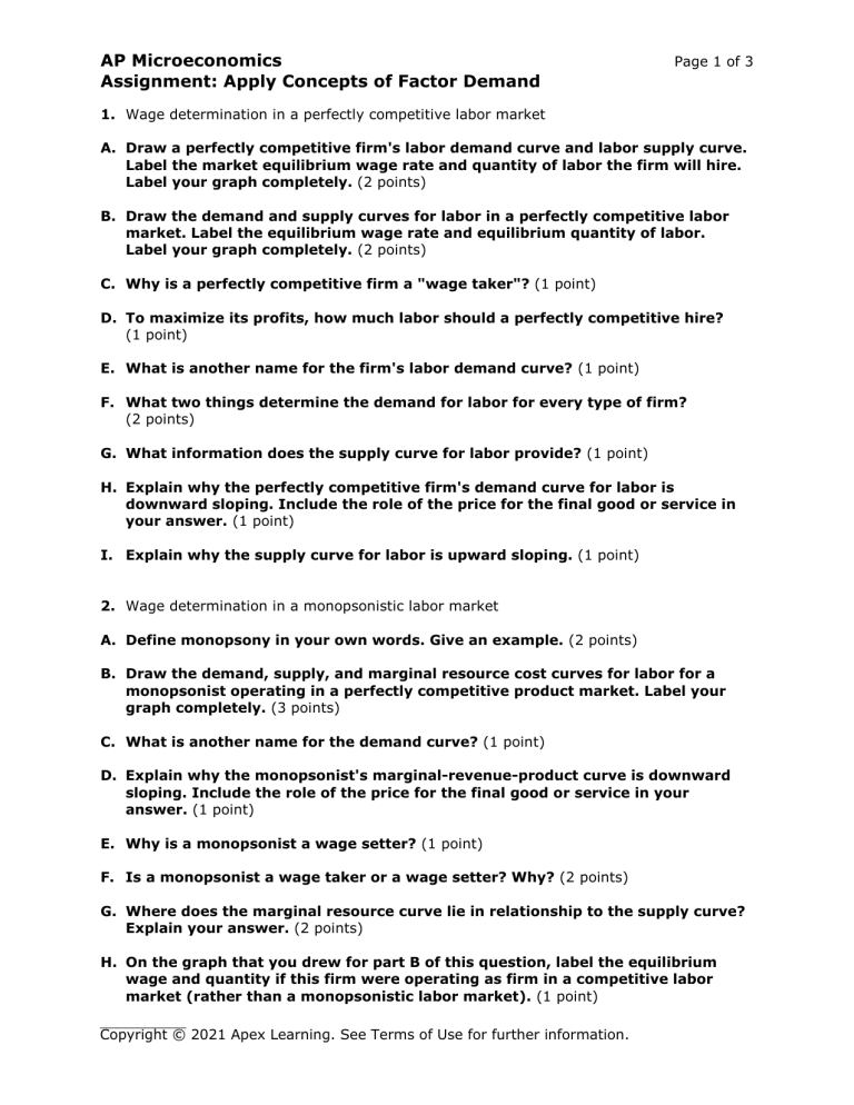 AP Microeconomics Assignment: Factor Demand