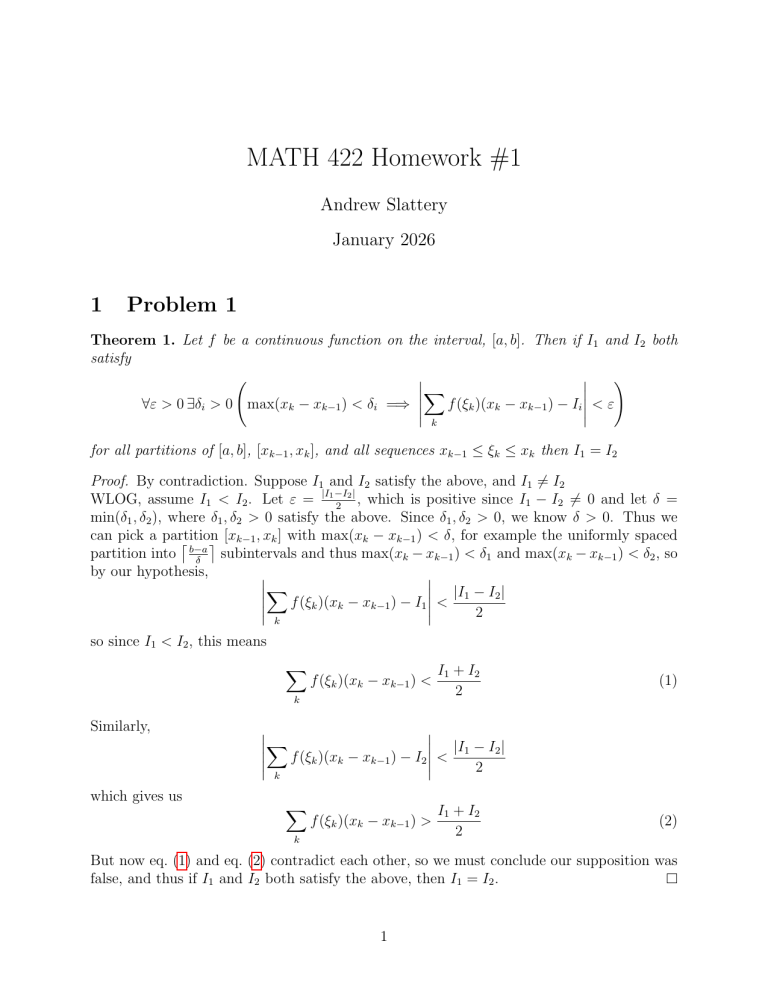 MATH 422 Homework #1: Integral Theorems and Proofs