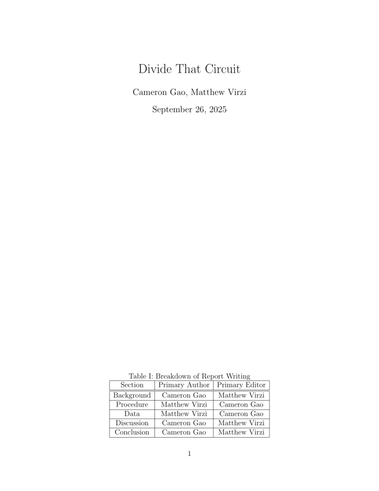 Voltage and Current Divider Lab Report - Electronics Circuit Analysis