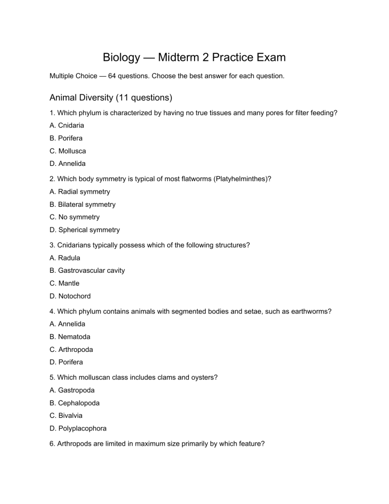 Biology Midterm 2 Practice Exam Questions