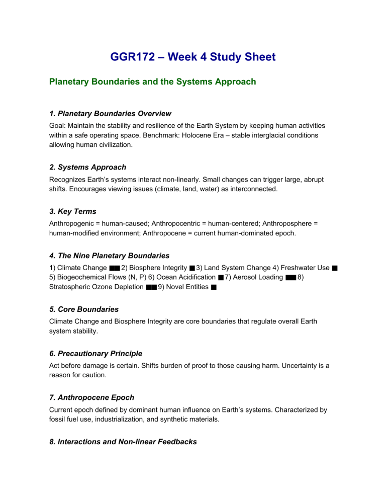 Planetary Boundaries Study Sheet - Environmental Systems