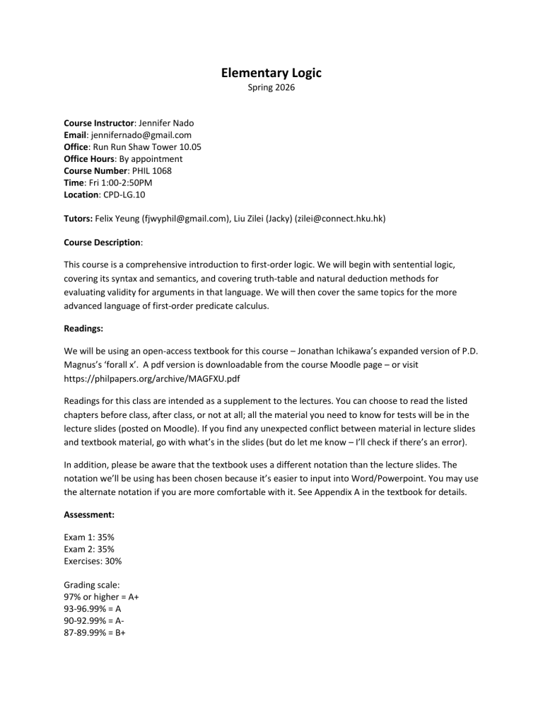 Elementary Logic Course Syllabus Spring 2026