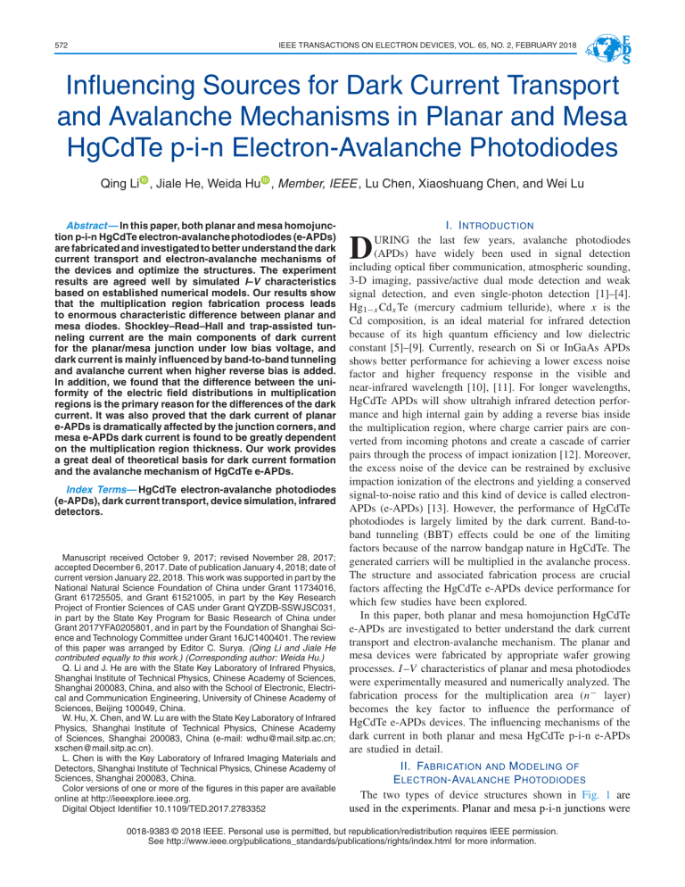 Dark Current in HgCdTe e-APDs: Planar vs Mesa