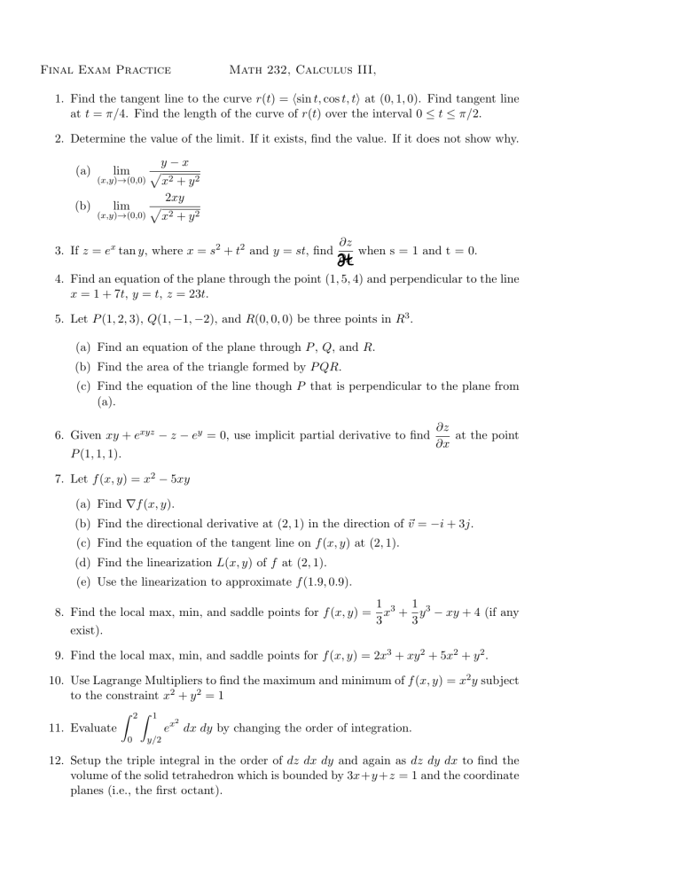 Calculus III Final Exam Practice - Math 232