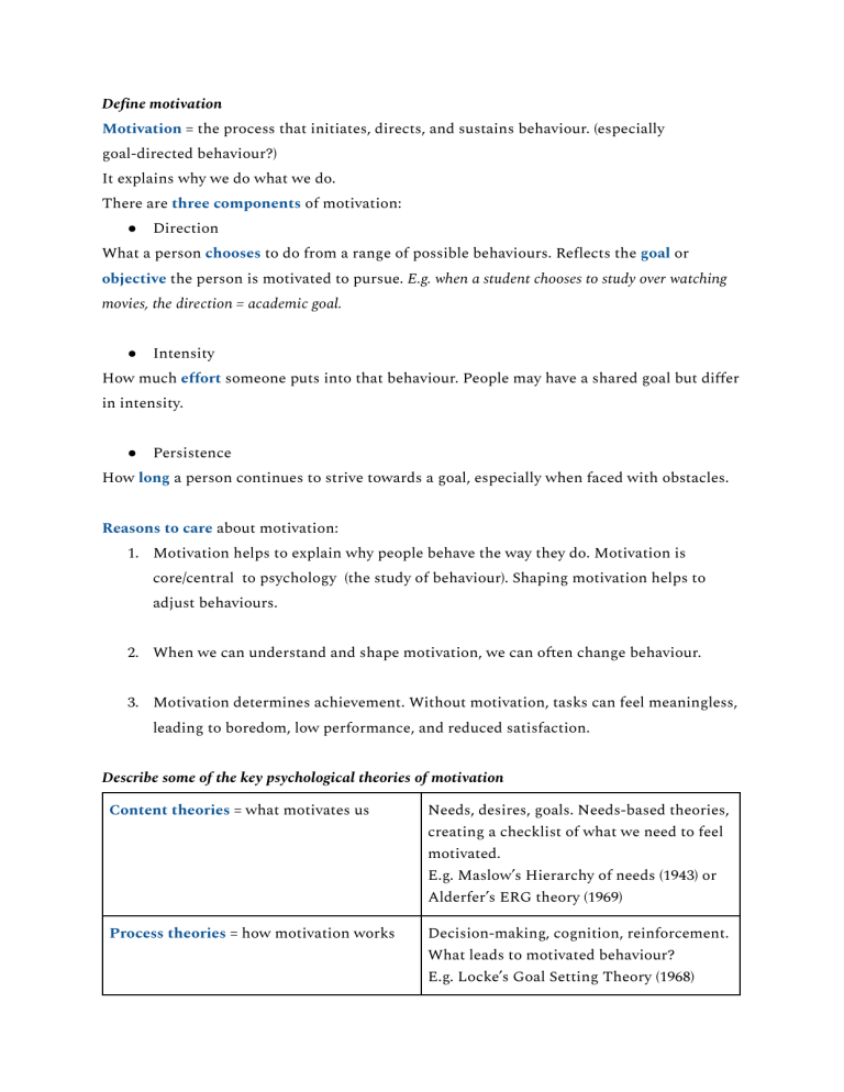 Motivation: Psychological Theories and Components