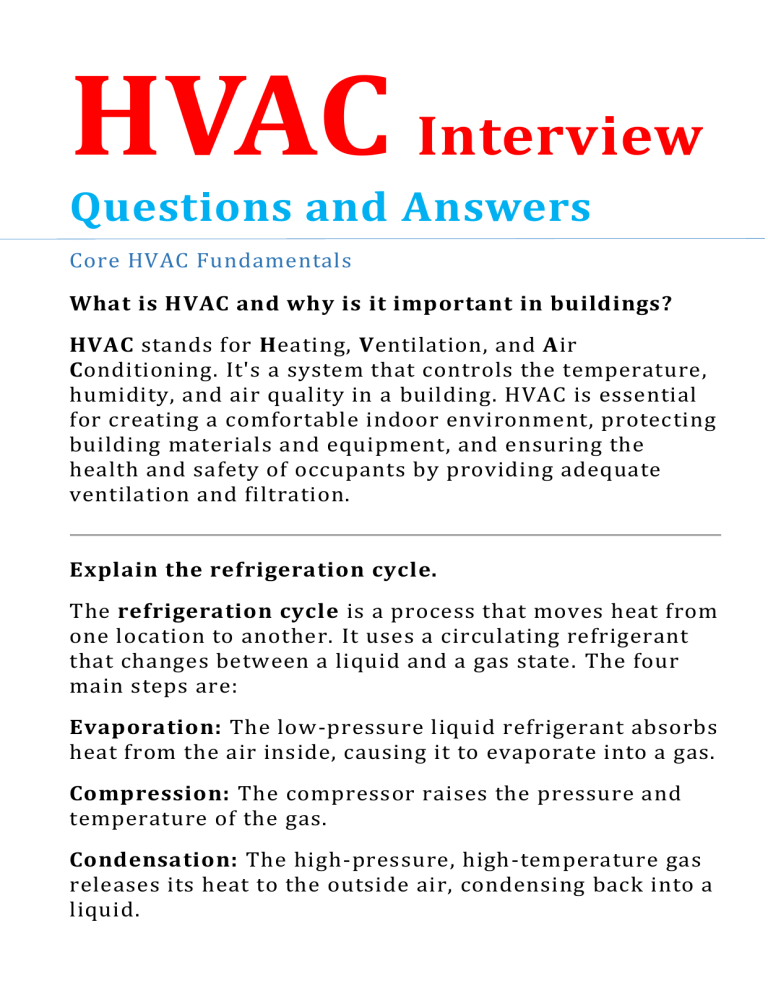 HVAC Interview Questions and Answers - Core Fundamentals
