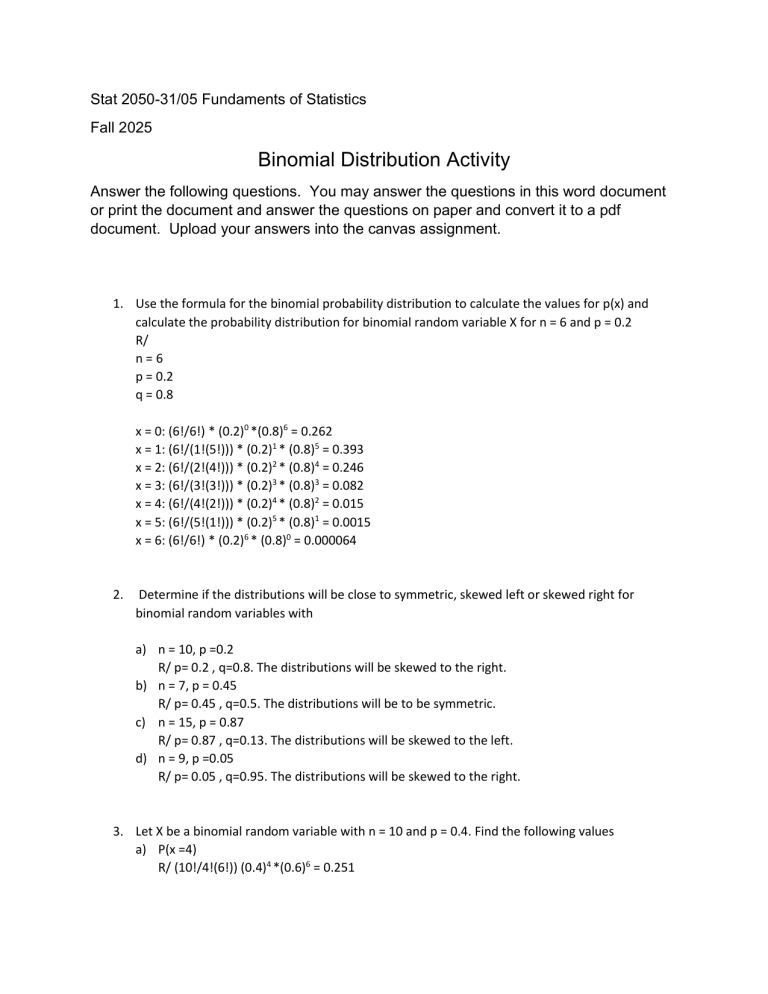 Binomial Distribution Activity for College Statistics