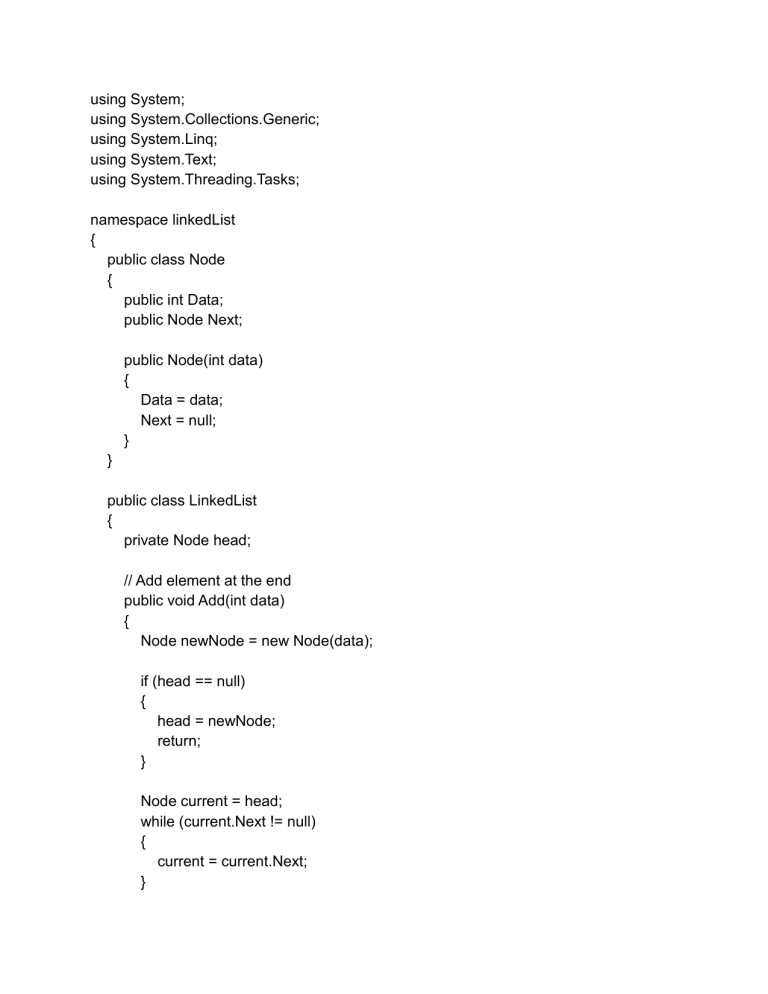 C# Linked List Implementation Example