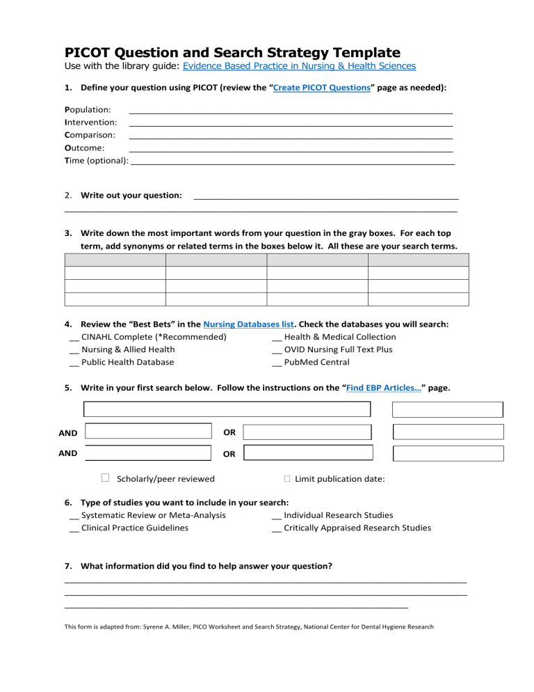 PICOT Question & Search Strategy Template for Nursing EBP