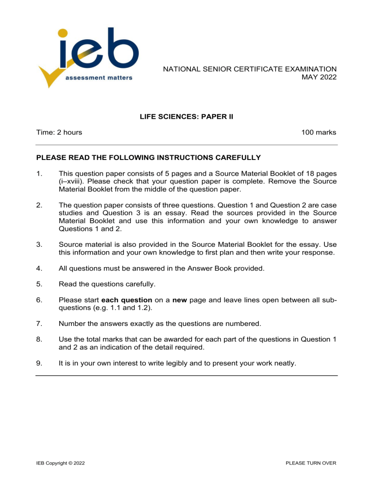 May 2022 Life Sciences Paper II Exam