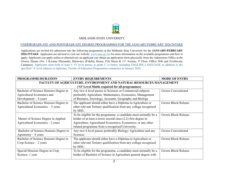 Midlands State University 2026 Programmes Catalog