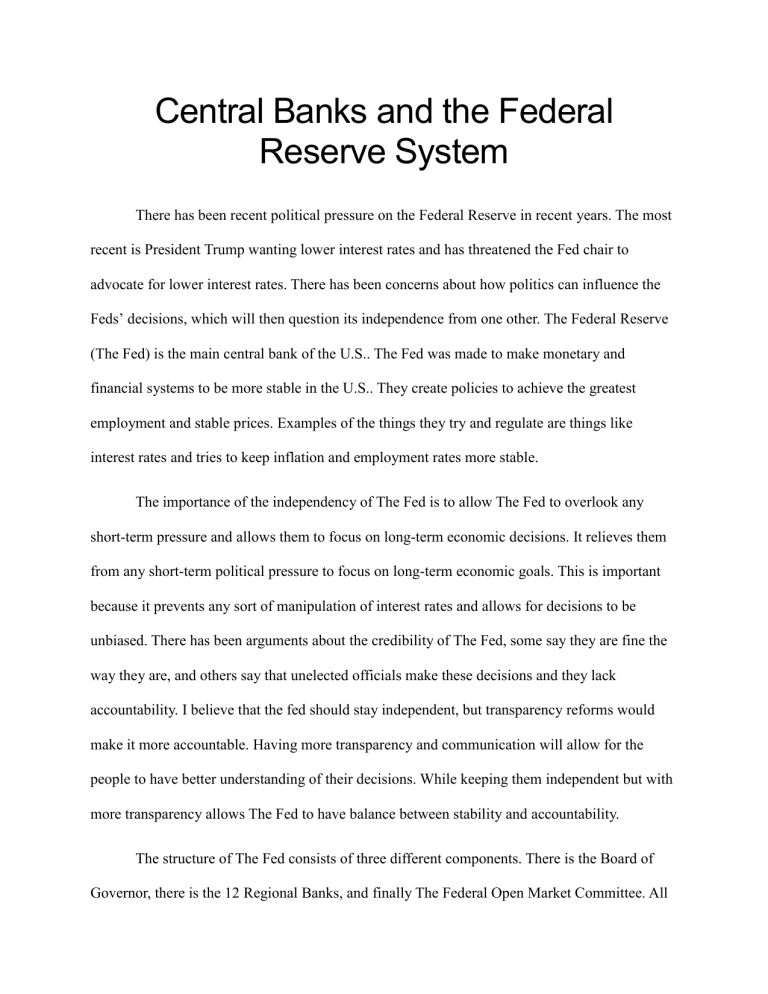 Central Banks and the Federal Reserve System