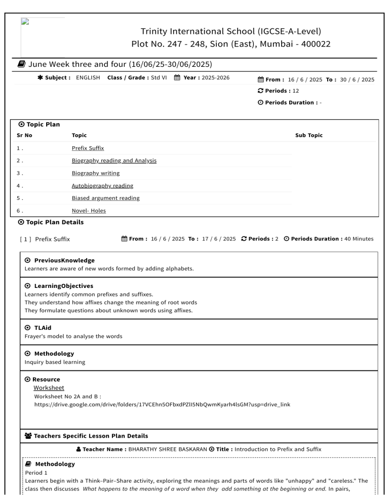 Grade 6 English Lesson Plan - Biography, Novel Study, Language Skills