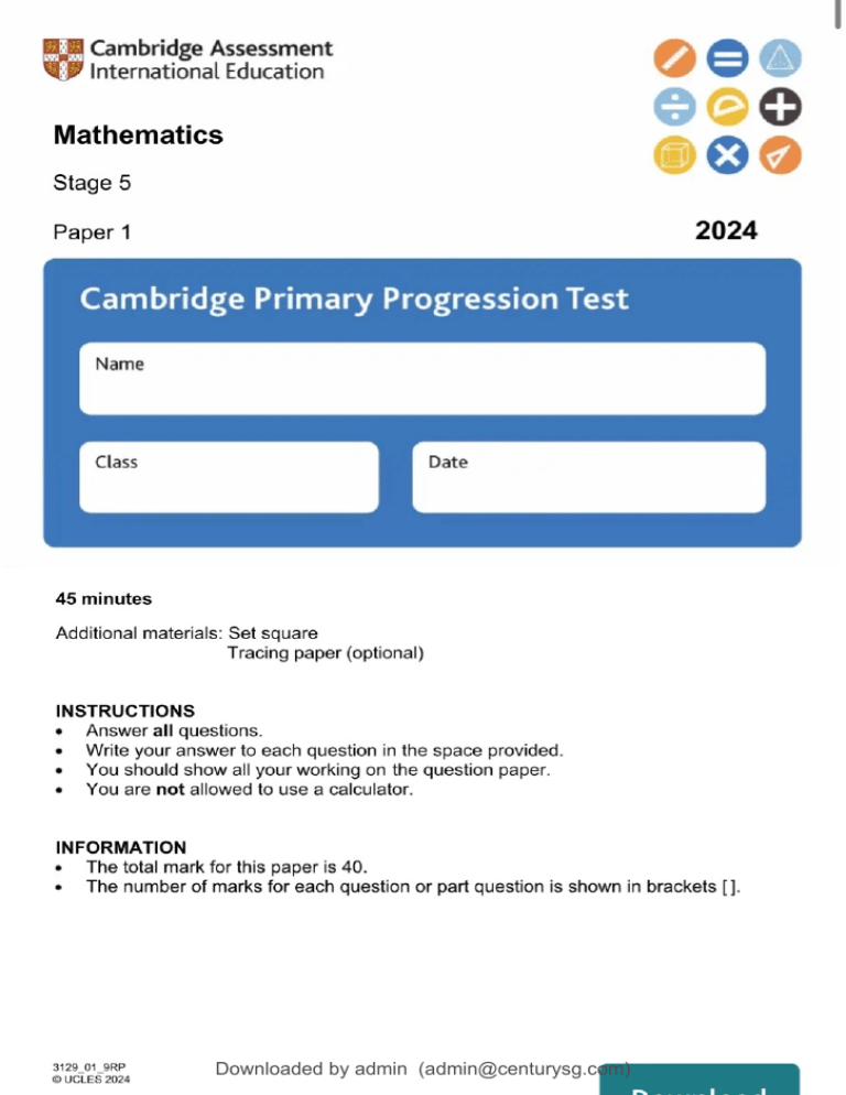 Cambridge Primary Progression Test Mathematics Stage 5 Paper 1 2024