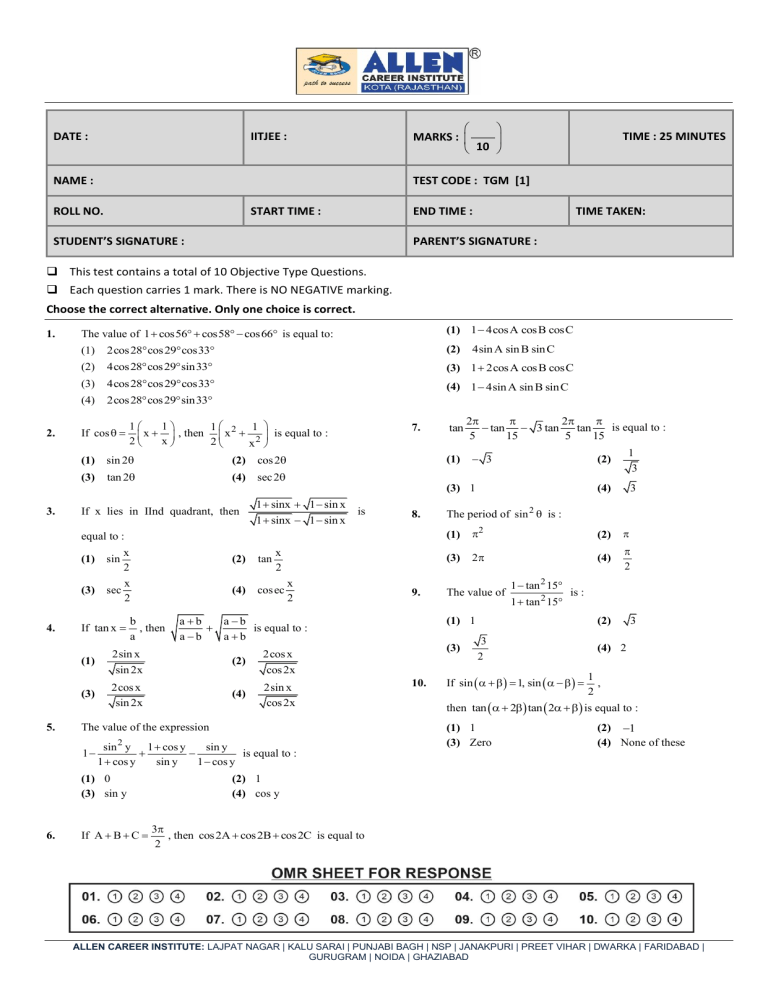 IIT JEE Trigonometry Test Paper TGM [1]