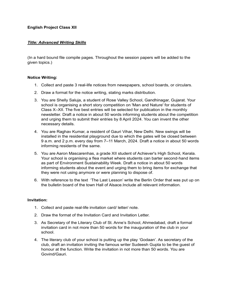 Advanced Writing Skills Class XII English Project Workbook