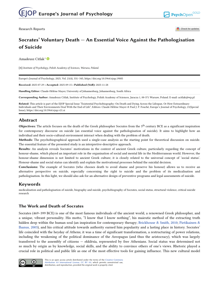 Socrates’ Voluntary Death: Against Suicide Pathologisation