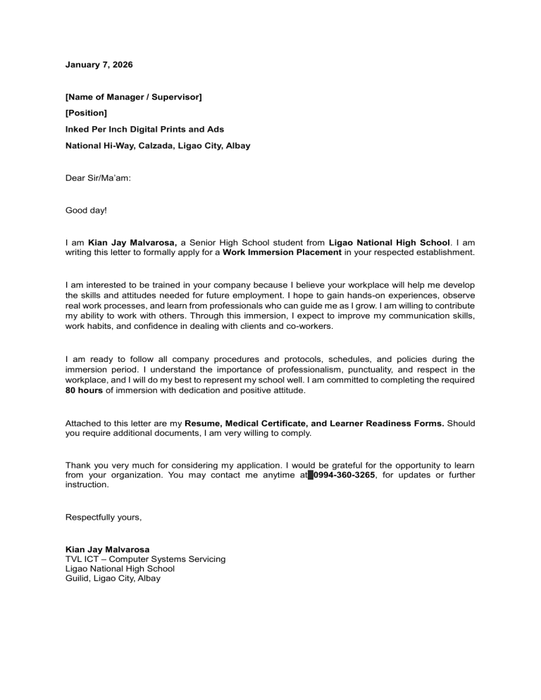 Work Immersion Application Letter - High School Student