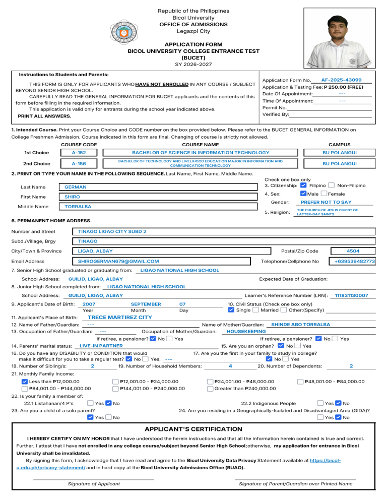 Bicol University BUCET Application Form SY 2026-2027