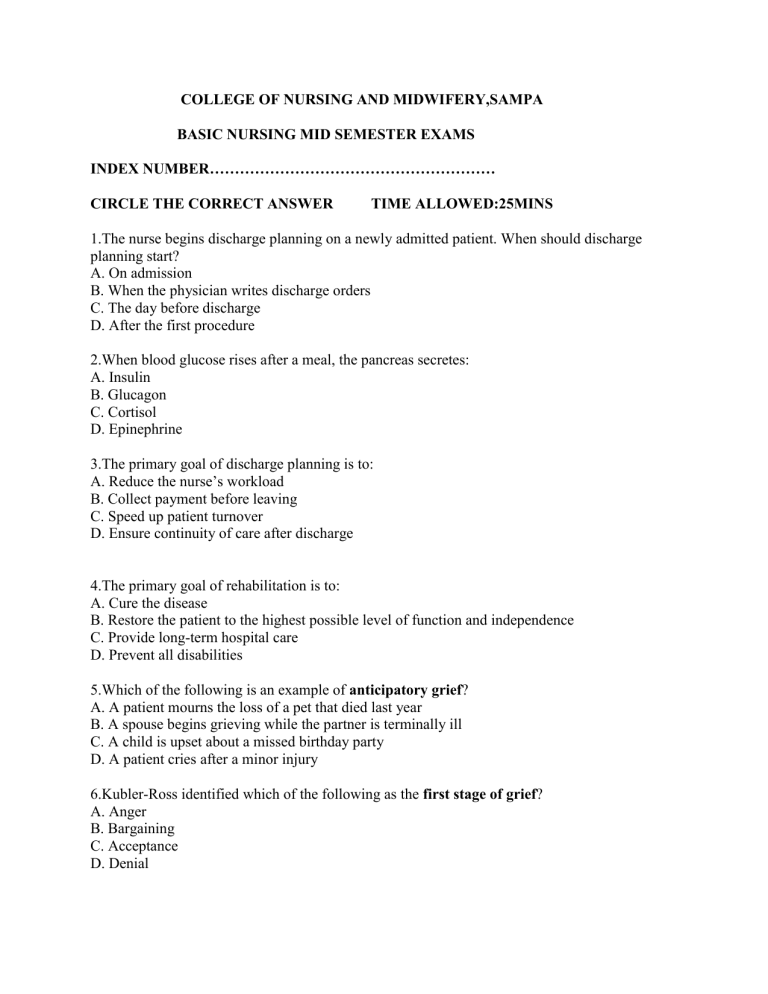 Basic Nursing Mid Semester Exam Questions