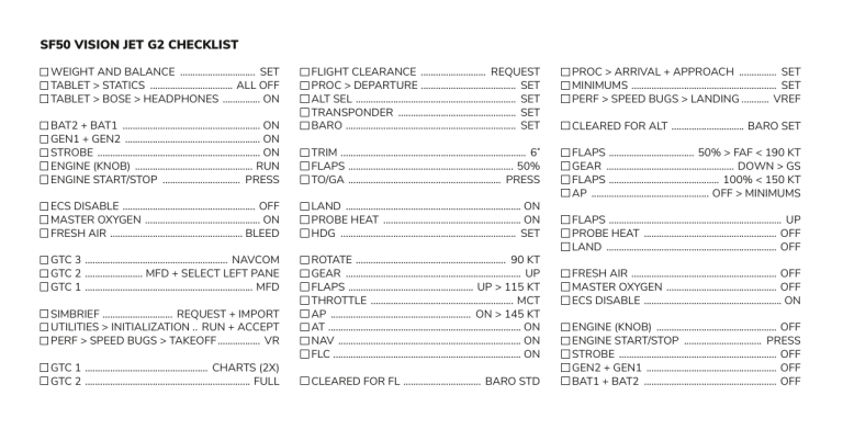 SF50 Vision Jet G2 kontrollnimekiri: Lennuprotseduuride juhend