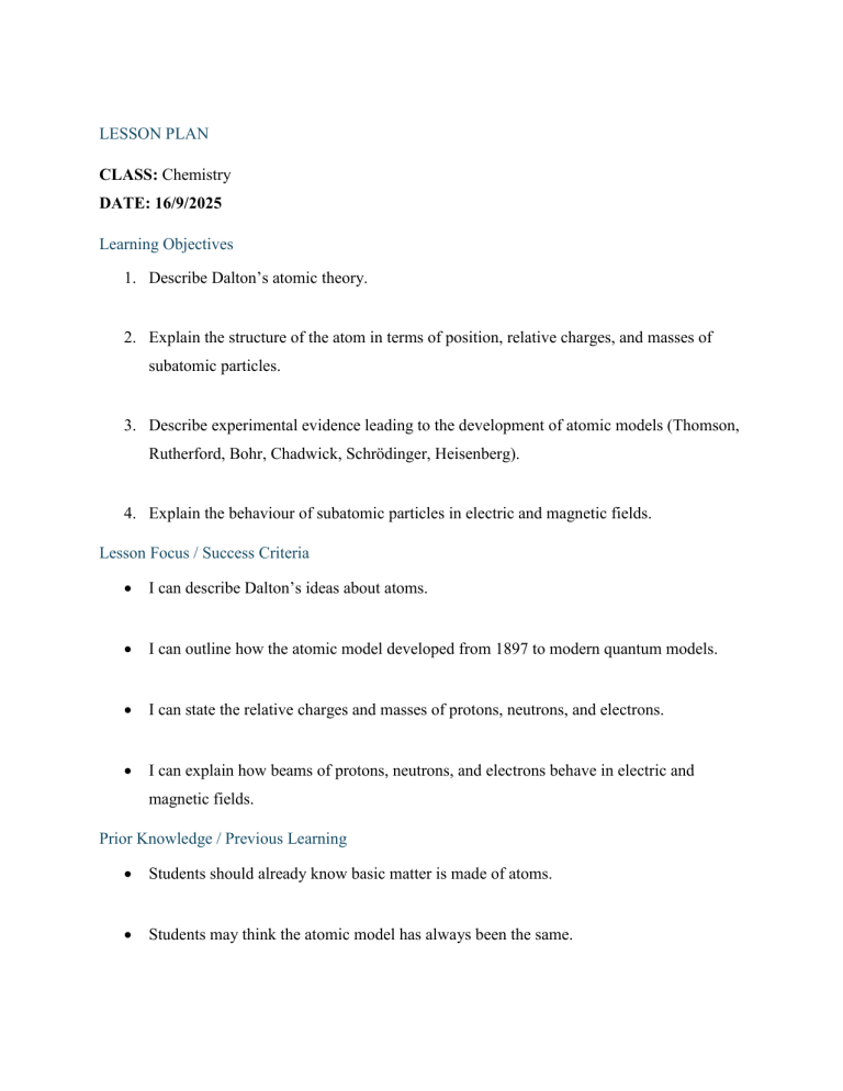 Chemistry Lesson Plan: Atomic Theory & Models