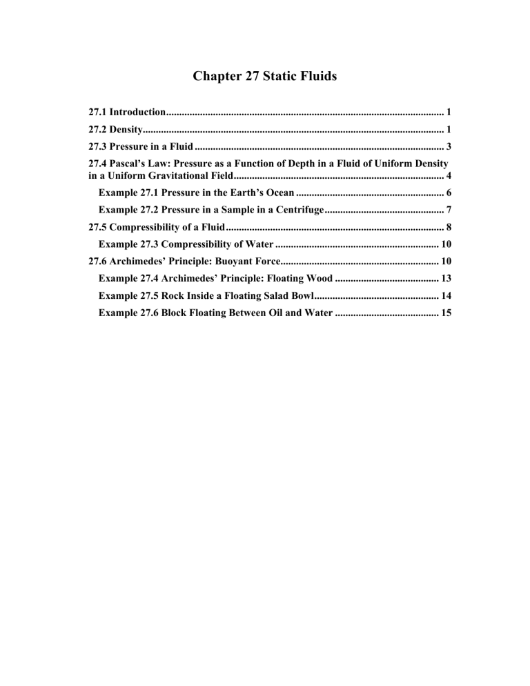 Chapter 27 Static Fluids: Density, Pressure, Buoyancy