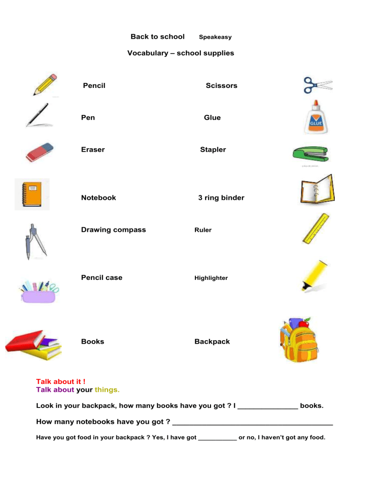 Back to School Vocabulary: School Supplies Worksheet