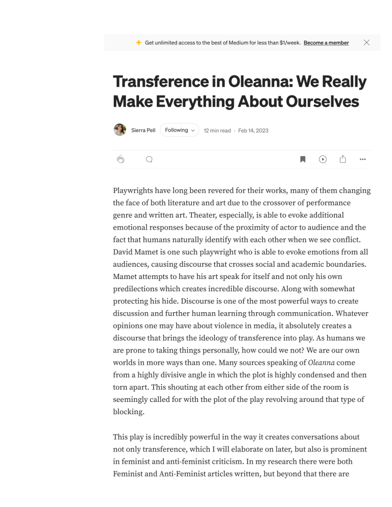 Transference in Oleanna: Analyzing Mamet's Play Through Psychological ...