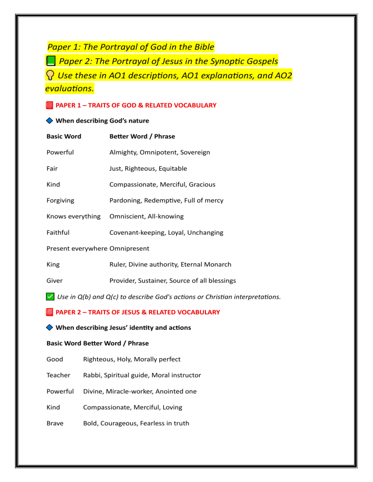 Religious Studies Vocabulary & Essay Tips: God & Jesus Portrayal