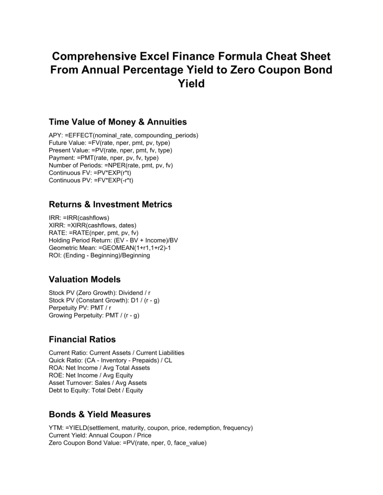Excel Finance Formula Cheat Sheet