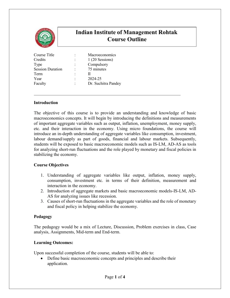 Macroeconomics Course Outline - IIM Rohtak