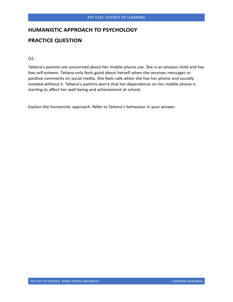 Humanistic Approach Psychology Practice Question