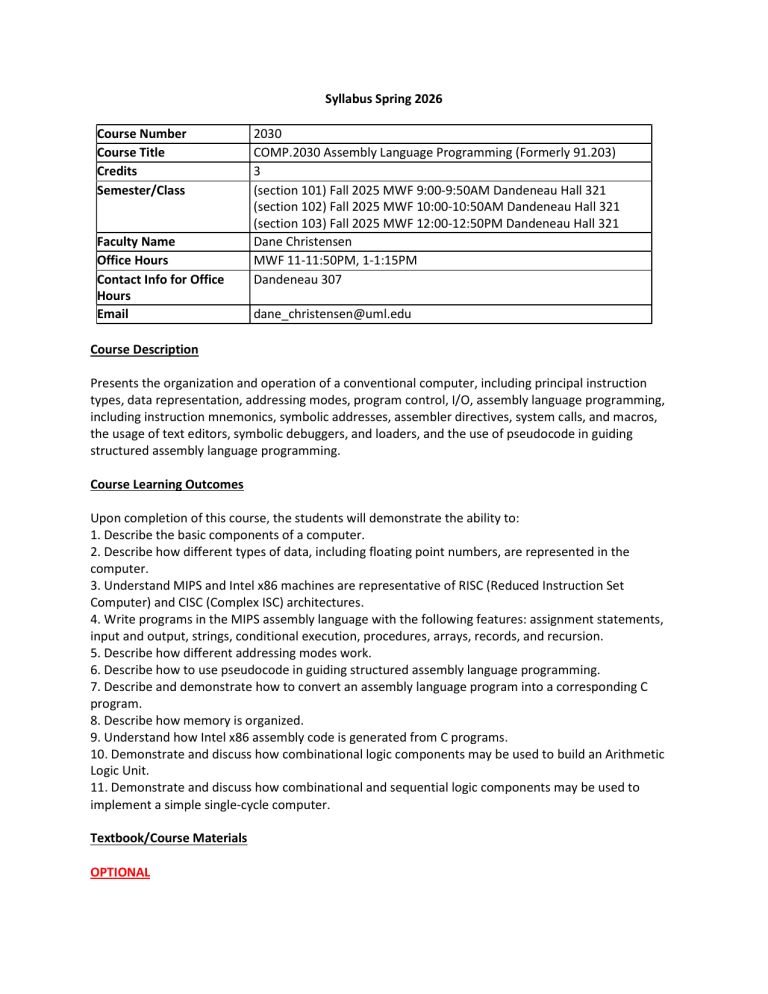 Assembly Language Programming Syllabus UMass Lowell 2026