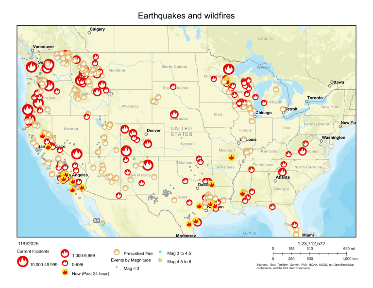 Earthquakes and Wildfires Map - Current Incidents 2025