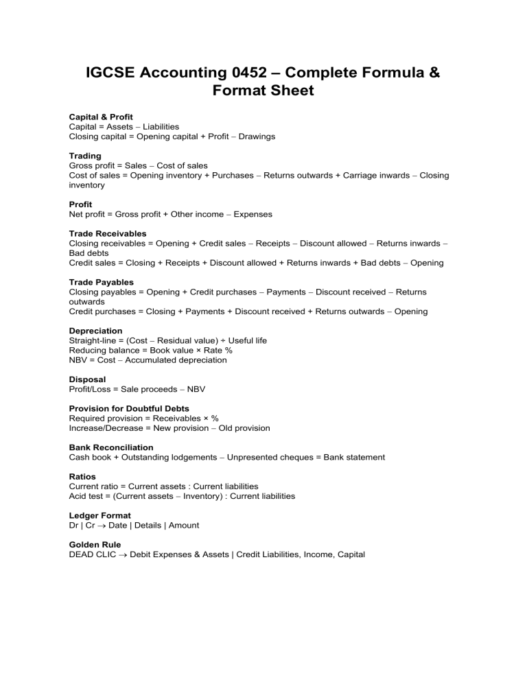 IGCSE Accounting 0452 Formula Sheet