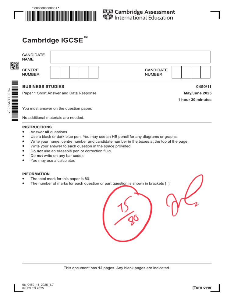 Cambridge IGCSE Business Studies Paper 1 2025 Exam