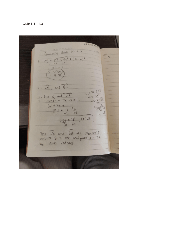 Geometry Quiz 1.1-1.3: Distance Formula & Congruent Segments