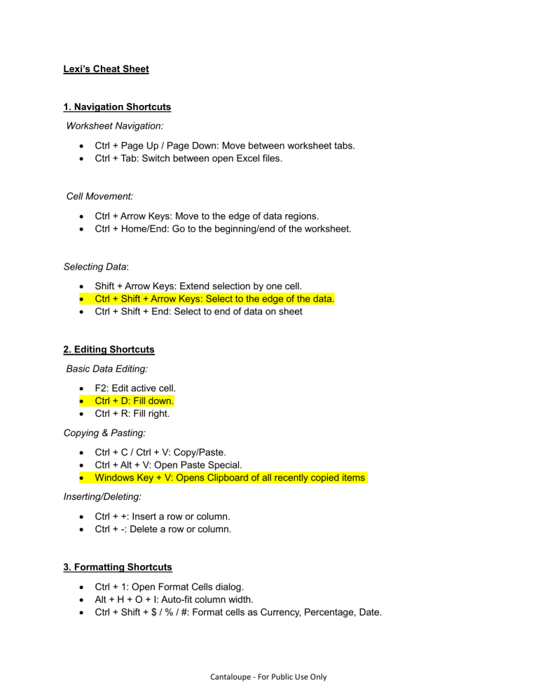Excel Keyboard Shortcuts Cheat Sheet