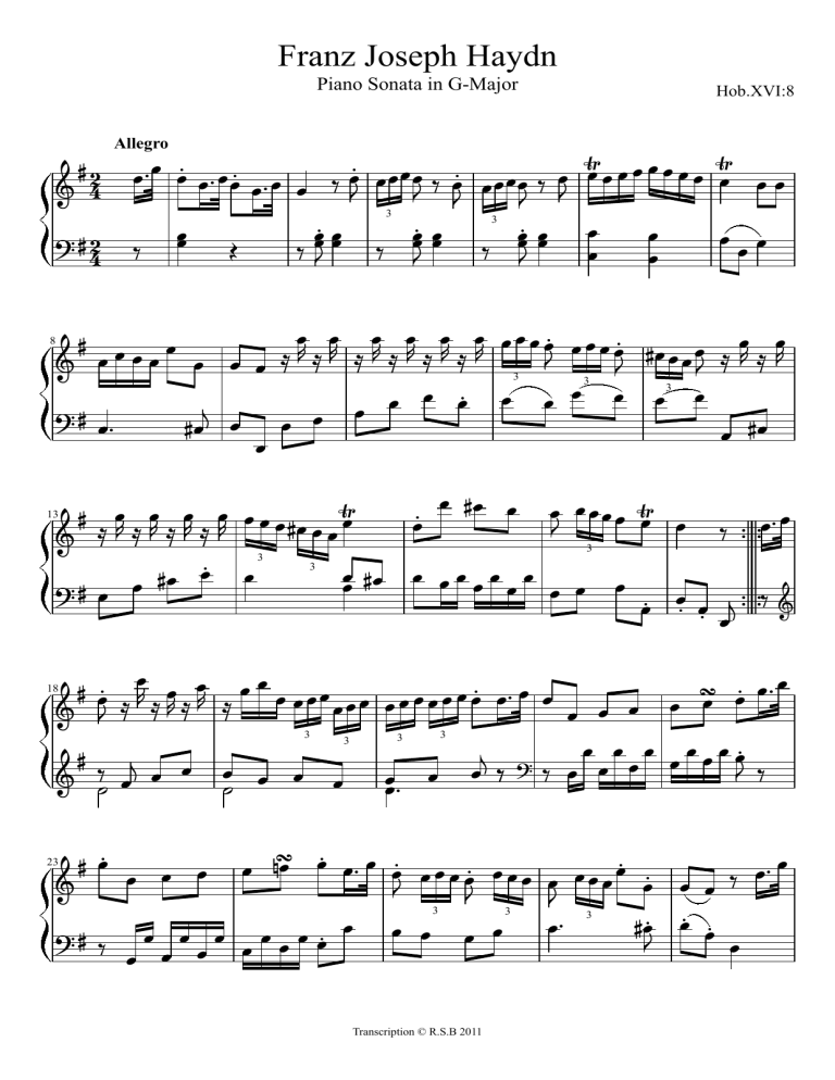 Haydn Piano Sonata in G-Major Hob.XVI:8 Sheet Music