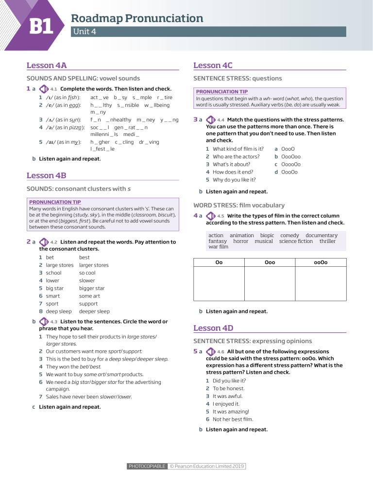 Roadmap Pronunciation Unit 4: B1 English Exercises