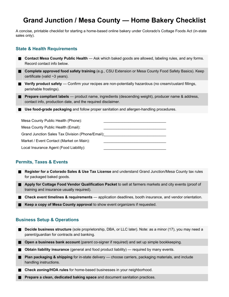 Home Bakery Checklist Grand Junction Mesa County Cottage Foods