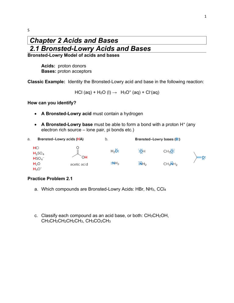 Chapter 2: Acids and Bases - Bronsted-Lowry Theory